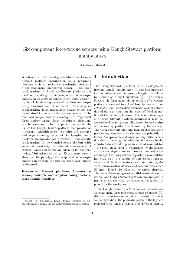 (PDF) Six component force-torque sensors using Gough-Stewart platform ...