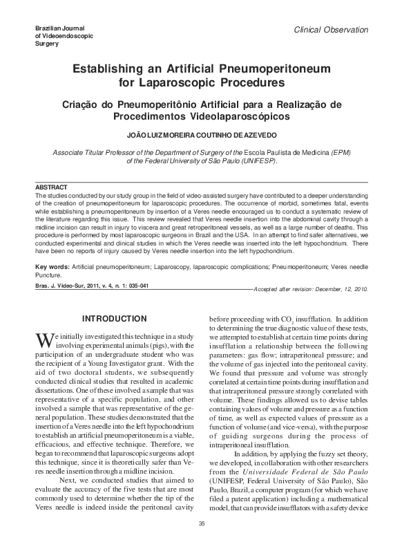 (PDF) Establishing an Artificial Pneumoperitoneum for Laparoscopic ...