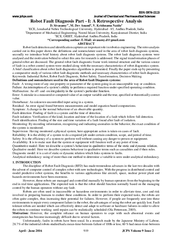 (PDF) Robot Fault Diagnosis Part -I: A Retrospective Analysis | Siva Samy - Academia.edu