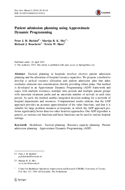 Pdf Patient Admission Planning Using Approximate Dynamic Programming