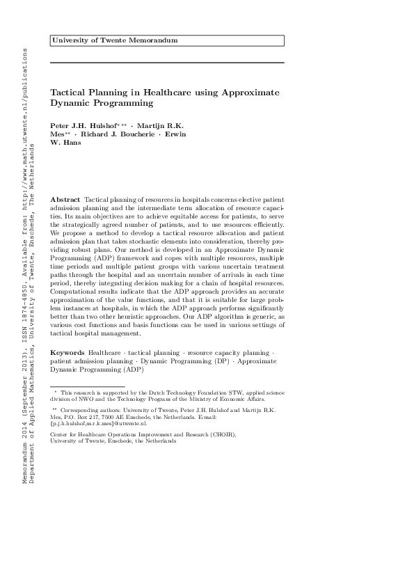 Pdf Tactical Planning In Healthcare Using Approximate Dynamic Programming