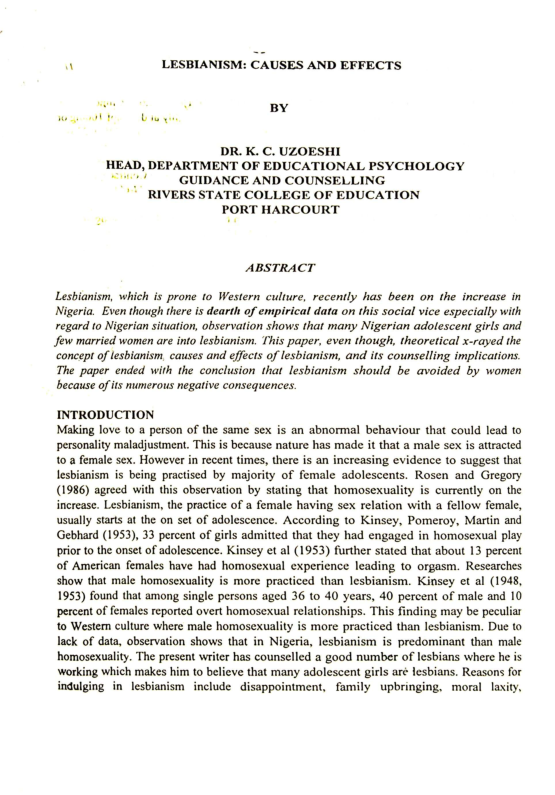 (PDF) LESBIANISM: CAUSES AND EFFECTS