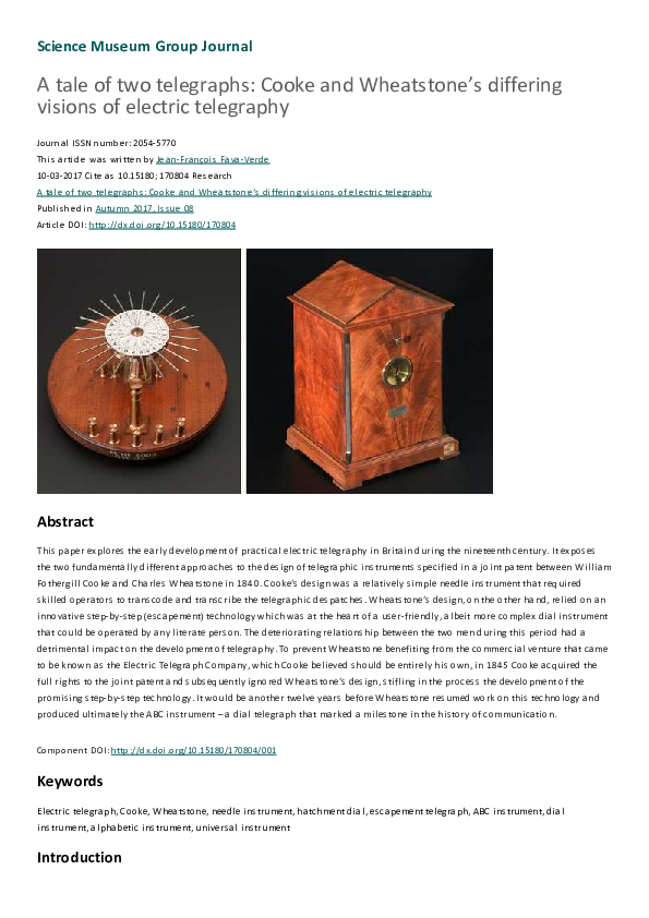 (PDF) A tale of two telegraphs: Cooke and Wheatstone’s differing ...