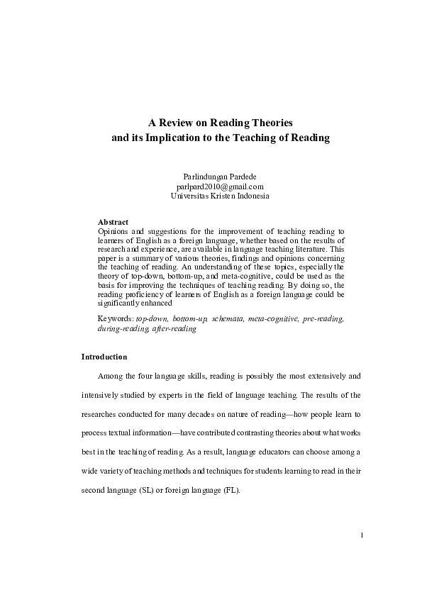 (PDF) A Review on Reading Theories and its Implication to the Teaching of Reading