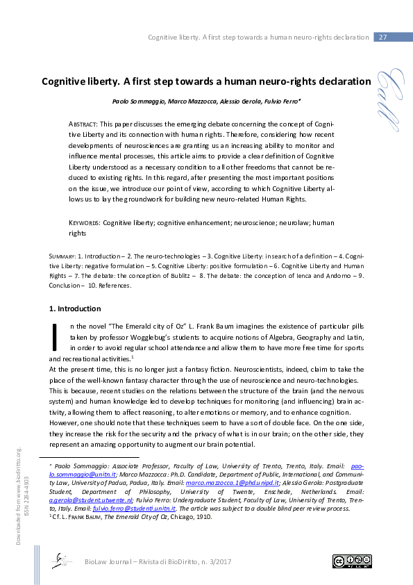 (PDF) Cognitive liberty. A first step towards a human neuro-rights ...