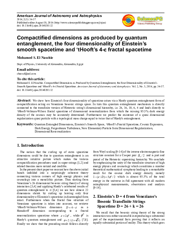 (PDF) COMPACTIFIED dimensions as produced by quantum entangelment, the four dimensions of ...