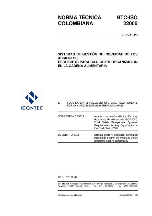 (PDF) NORMA TÉCNICA NTC-ISO COLOMBIANA 22000 SISTEMAS DE GESTIÓN DE INOCUIDAD DE LOS ALIMENTOS ...