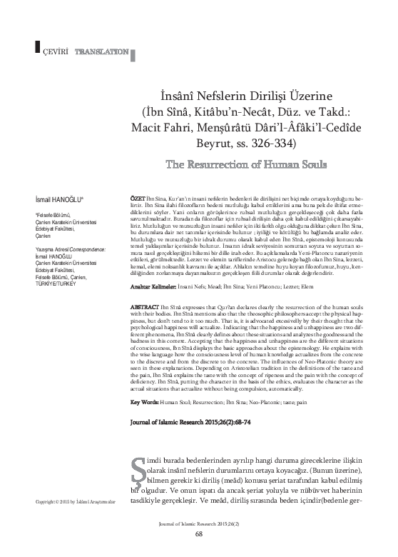 (PDF) İnsani Nefslerin Dirilişi Üzerine (Çeviri) -Ibn Sînâ, Kitâbu'n ...
