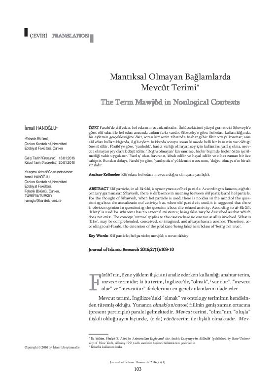 (PDF) Mantıksal Olmayan Bağlamlarda Mevcut Terimi (Çeviri)Shukri B ...