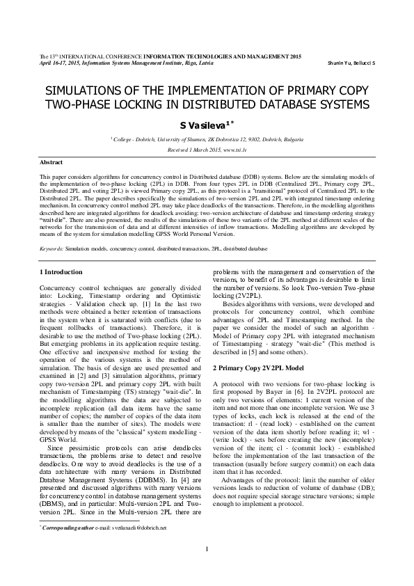 (PDF) SIMULATIONS OF THE IMPLEMENTATION OF PRIMARY COPY TWO-PHASE LOCKING IN DISTRIBUTED ...