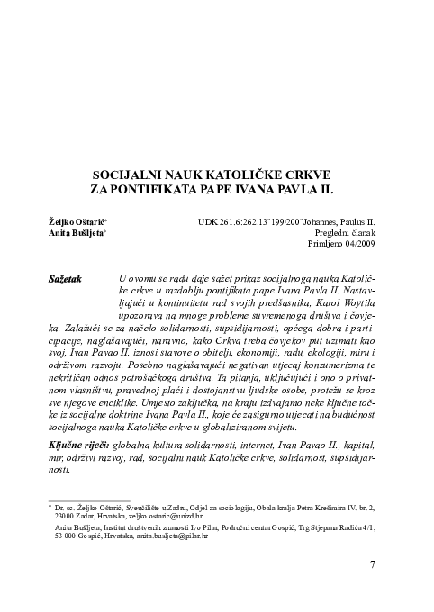 (PDF) SOCIJALNI NAUK KATOLIČKE CRKVE ZA PONTIFIKATA PAPE IVANA PAVLA II