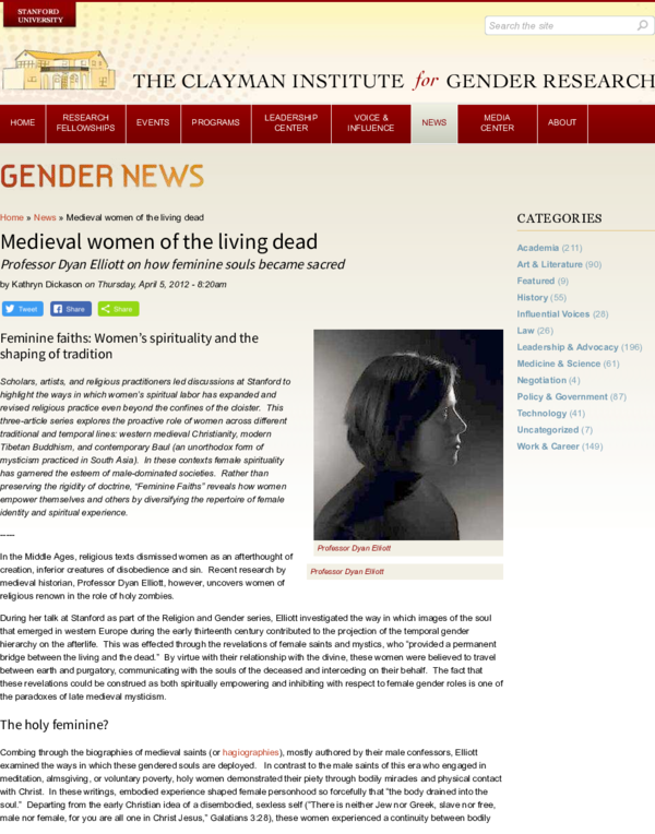 (PDF) “Medieval Women of the Living Dead: Dyan Elliott on How Feminine ...