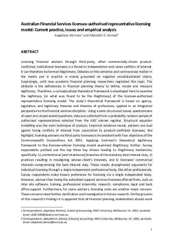 (PDF) Australian Financial Services licensee-authorised representative ...