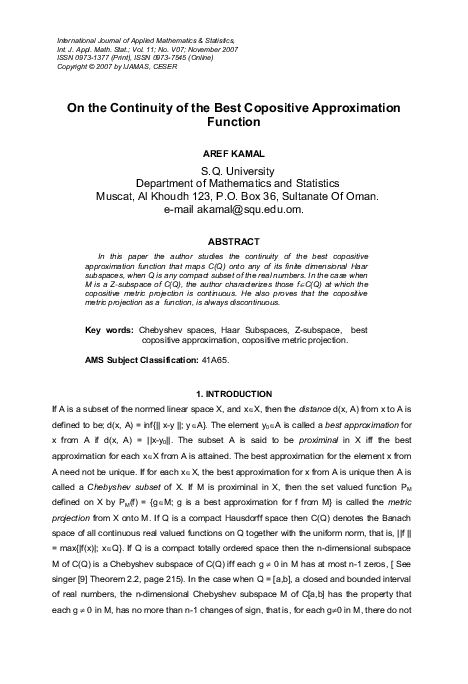 Pdf On The Continuity Of The Best Copositive Approximation Function