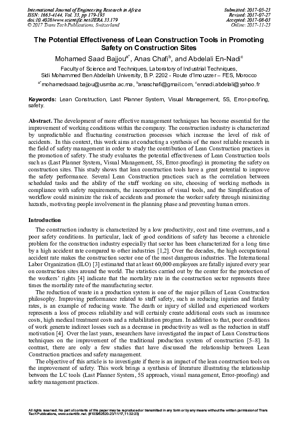 (PDF) The Potential Effectiveness of Lean Construction Tools in Promoting Safety on Construction ...