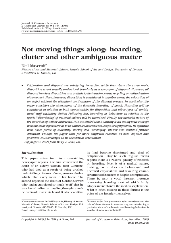 (PDF) Not moving things along: hoarding, clutter and other ambiguous matter