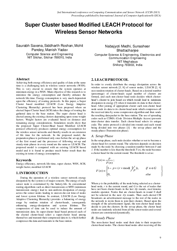 Pdf Super Cluster Based Modified Leach Protocol For Wireless Sensor Networks