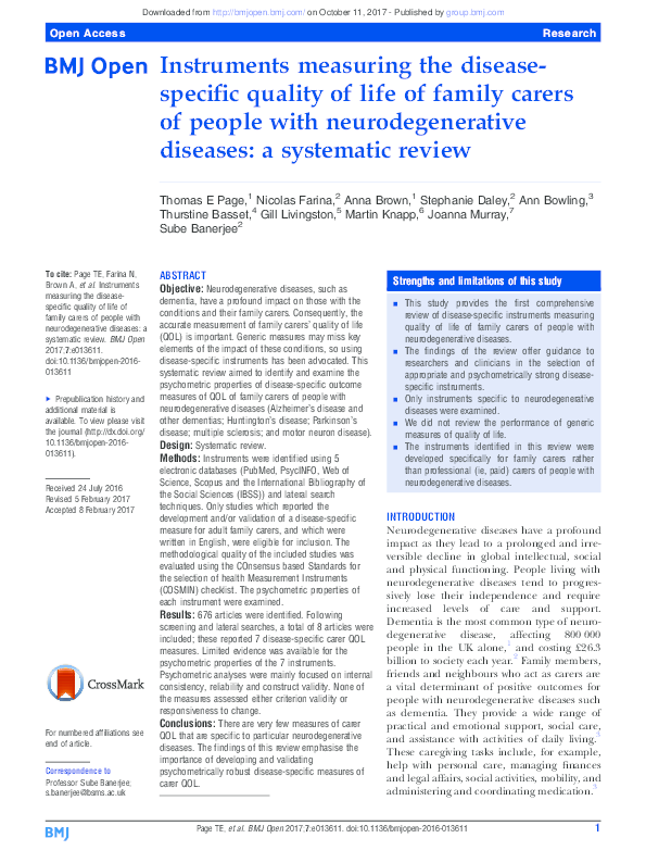 (PDF) Instruments measuring the disease- specific quality of life of family carers of people ...