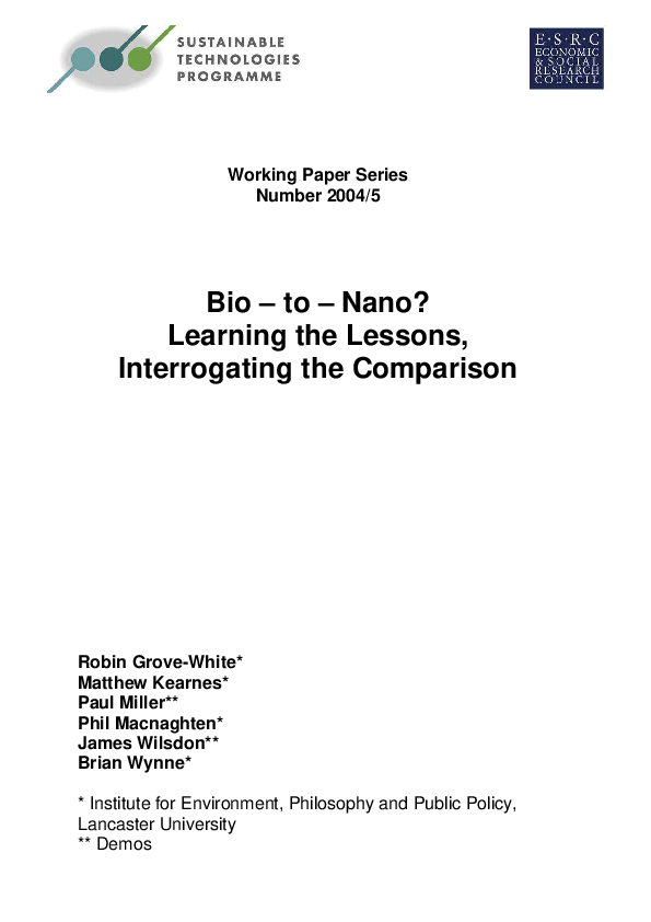 (PDF) Bio – to – Nano? Learning the Lessons, Interrogating the ...