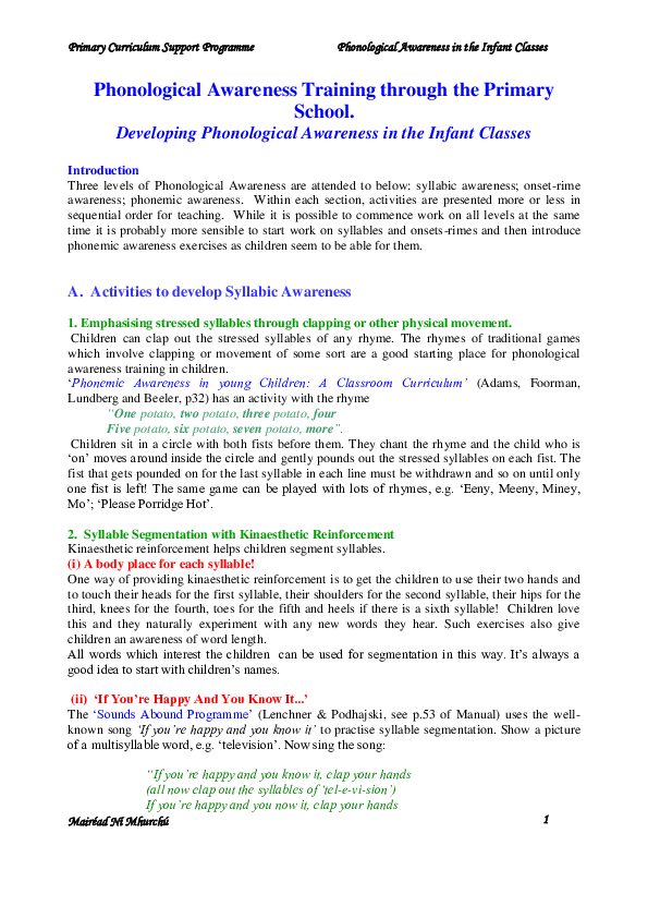 (PDF) Primary Curriculum Support Programme Phonological Awareness in ...