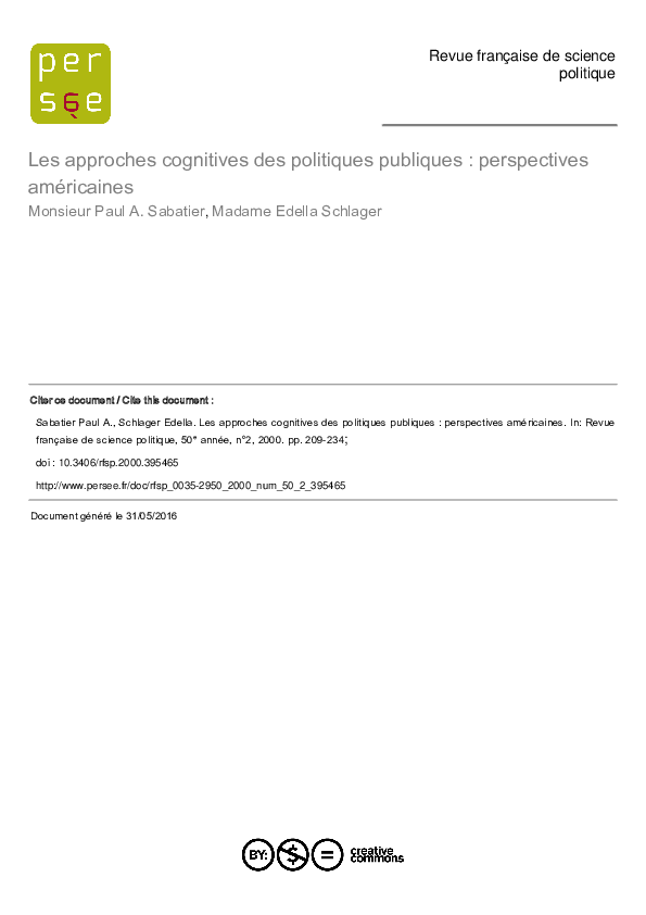 (PDF) Les approches cognitives des politiques publiques : perspectives américaines