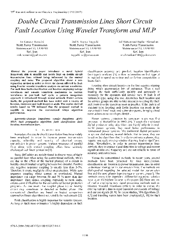(PDF) Double Circuit Transmission Lines Short Circuit Fault Location Using Wavelet Transform and MLP