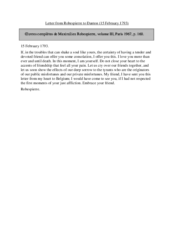(PDF) Letter from Robespierre to Danton (15 February 1793).