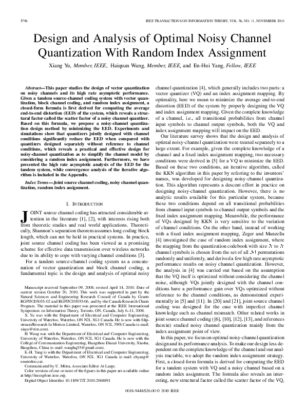 (PDF) Design and Analysis of Optimal Noisy Channel Quantization With Random Index Assignment
