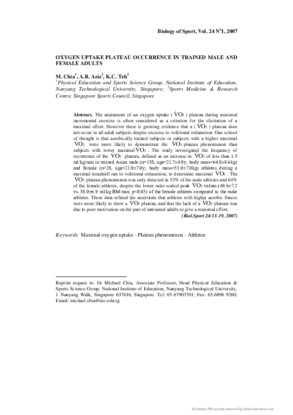 (PDF) Oxygen uptake plateau occurrence in trained male and female adults