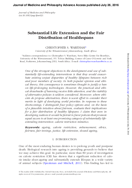 (PDF) Substantial life extension and the fair distribution of healthspans