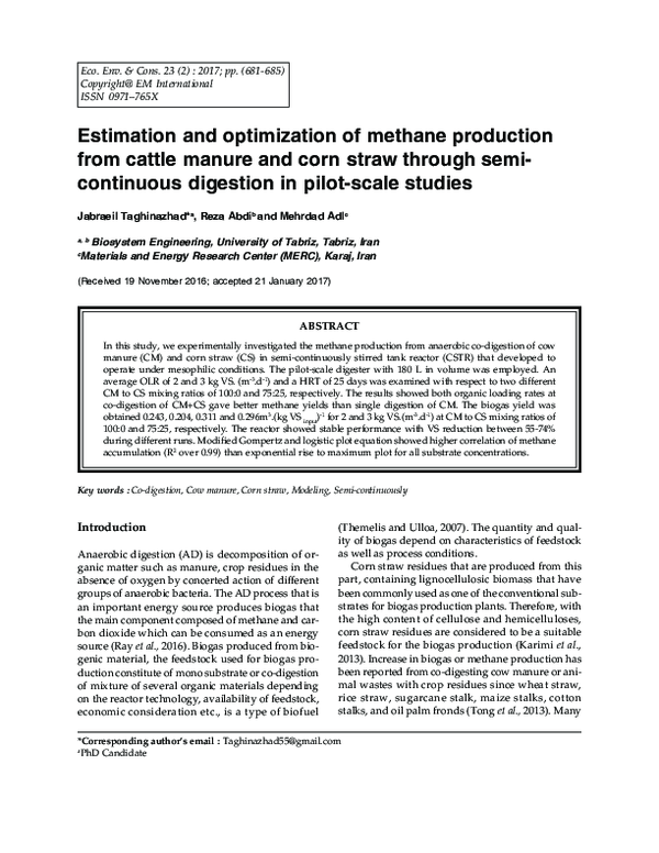 (PDF) Estimation and optimization of methane production from cattle manure and corn straw ...