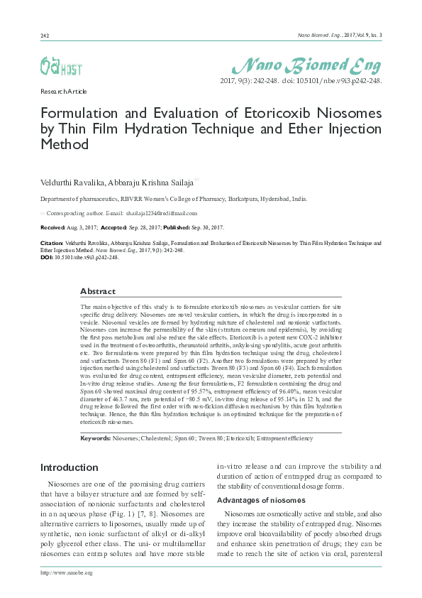 (PDF) Formulation and Evaluation of Etoricoxib Niosomes by Thin Film ...