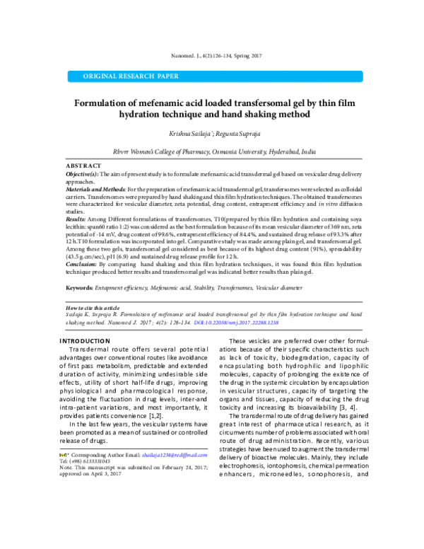 (PDF) Formulation of mefenamic acid loaded transfersomal gel by thin ...
