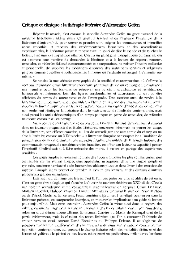 (PDF) Critique et clinique : la thérapie littéraire d'Alexandre Gefen