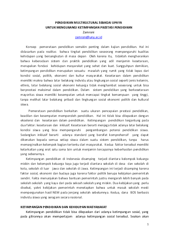 (DOC) PENDIDIKAN MULTIKULTURAL SEBAGAI UPAYA UNTUK MENGURANGI KETIMPANGAN PRESTASI PENDIDIKAN ...