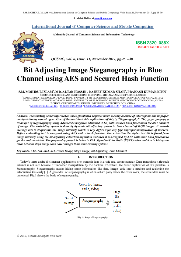 (PDF) Bit Adjusting Image Steganography in Blue Channel using AES and Secured Hash Function﻿