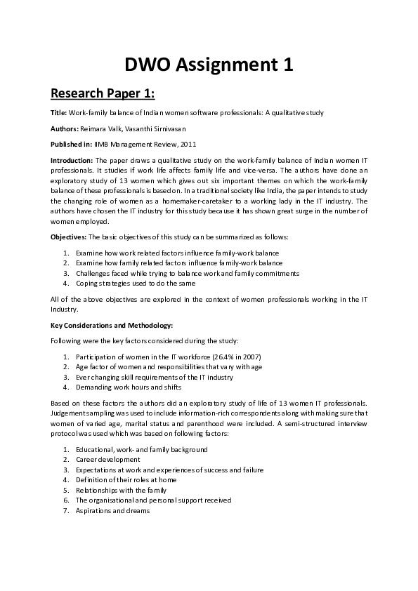 (DOC) DWO Assignment 1 Title: Work-family balance of Indian women ...