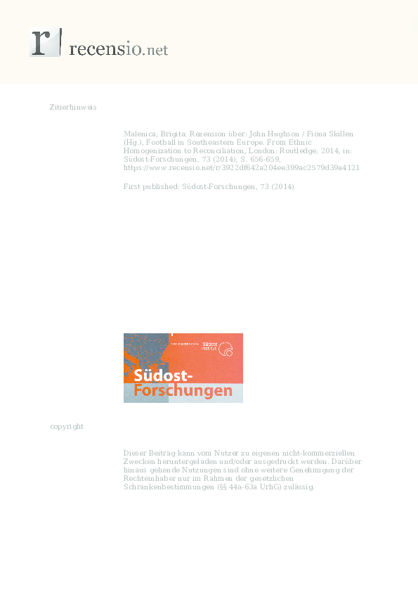 (PDF) John Hughson, Fiona Skillen (Ed.): Football in Southeastern ...