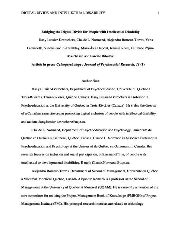 (PDF) DIGITAL DIVIDE AND INTELLECTUAL DISABILITY 1 Bridging the Digital ...