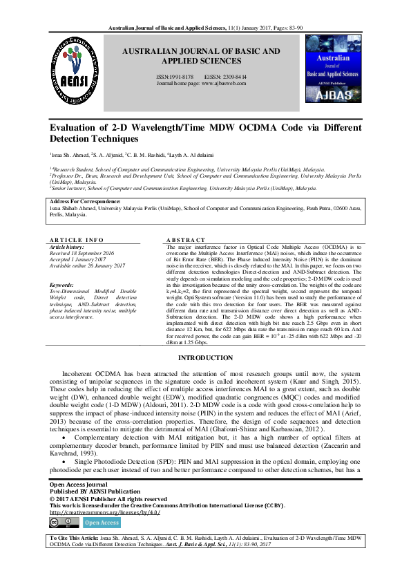 Pdf Evaluation Of 2 D Wavelengthtime Mdw Ocdma Code Via Different