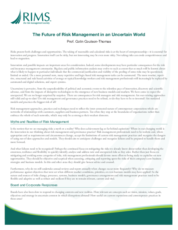 (PDF) The Future of Risk Management in an Uncertain World