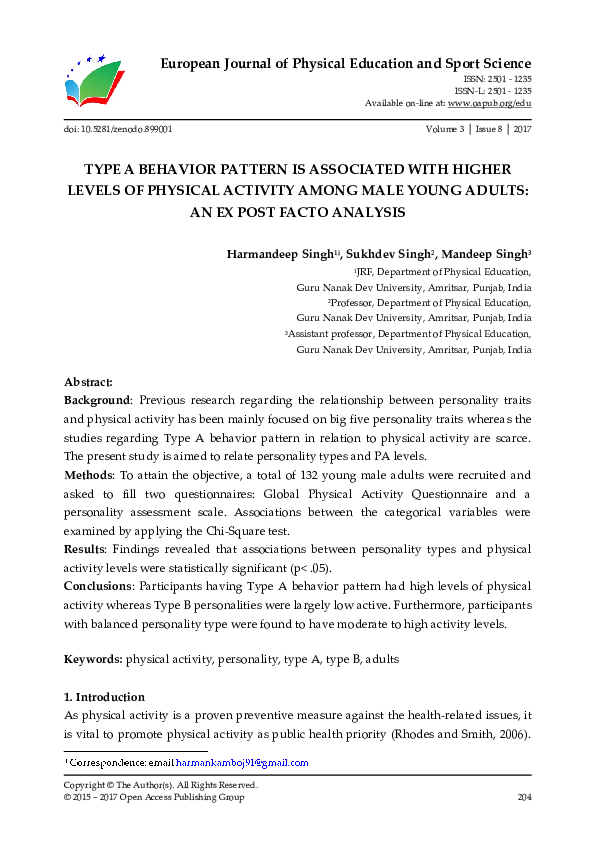(PDF) TYPE A BEHAVIOR PATTERN IS ASSOCIATED WITH HIGHER LEVELS OF ...