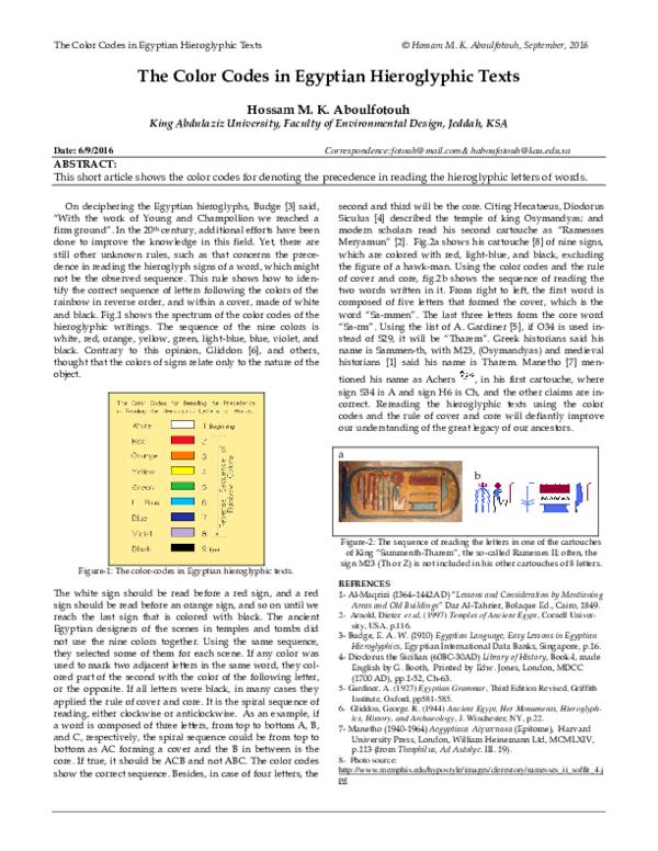 (PDF) The Color Codes in Egyptian Hieroglyphic Texts