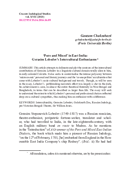 (PDF) "‘Pure and Mixed’ in East India: Gerasim Lebedev’s Intercultural ...