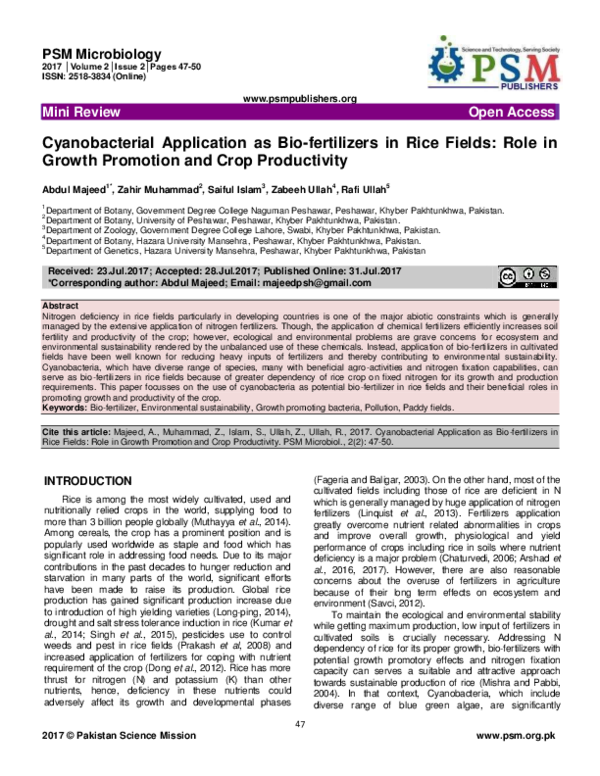 (PDF) Cyanobacterial Application as Bio-fertilizers in Rice Fields ...