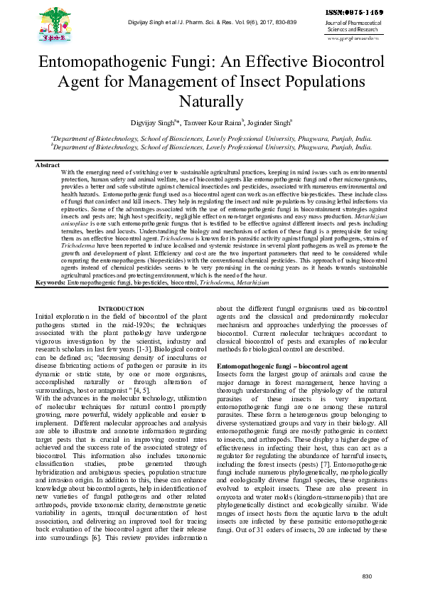(PDF) Entomopathogenic Fungi: An Effective Biocontrol Agent for Management of Insect Populations ...