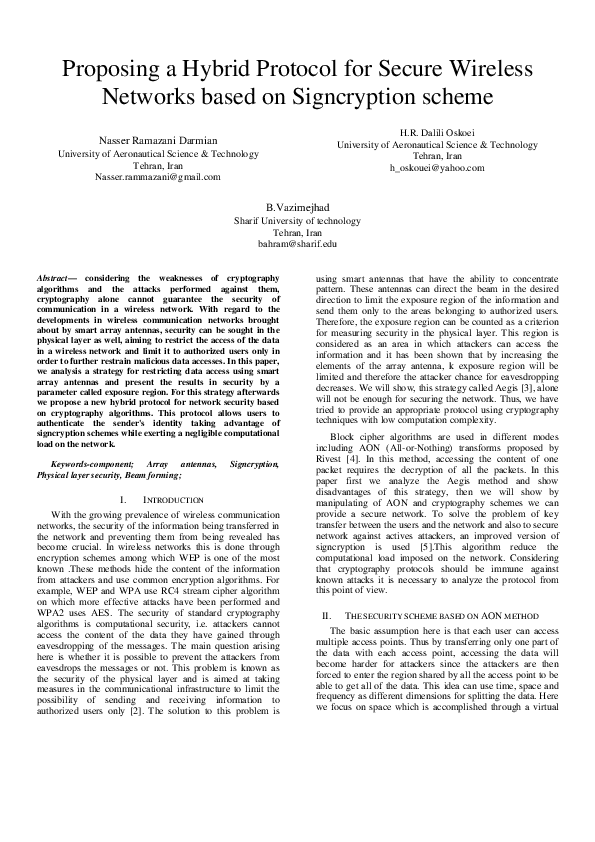 (PDF) Proposing a Hybrid Protocol for Secure Wireless Networks based on Signcryption scheme