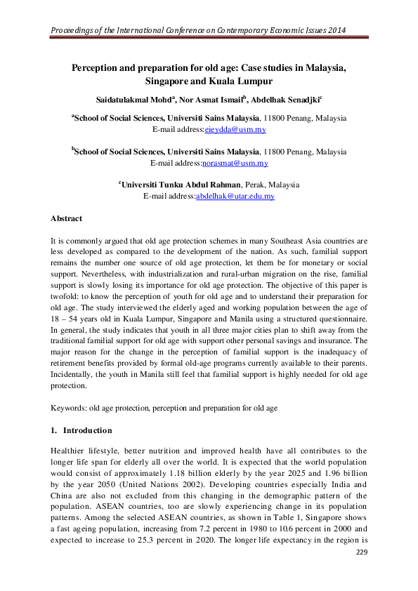 (PDF) Perception and preparation for old age: Case studies in Malaysia ...