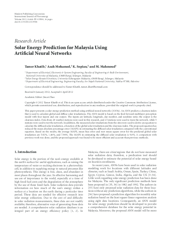 Pdf Solar Energy Prediction For Malaysia Using Artificial Neural