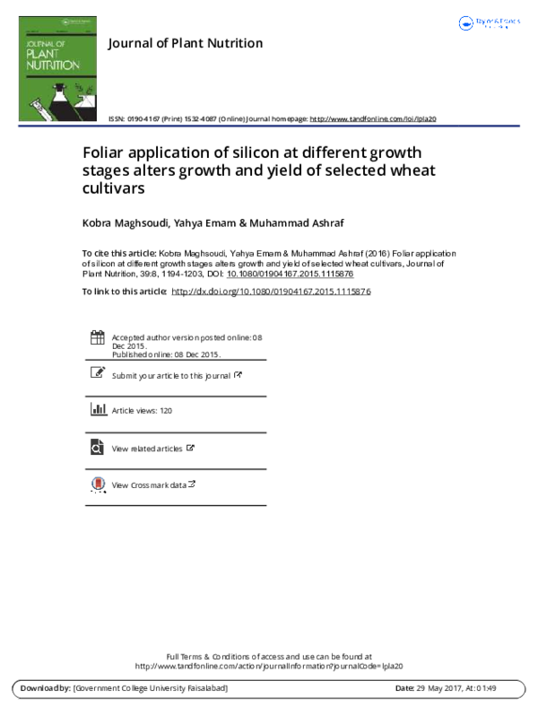 Pdf Foliar Application Of Silicon At Different Growth Stages Alters